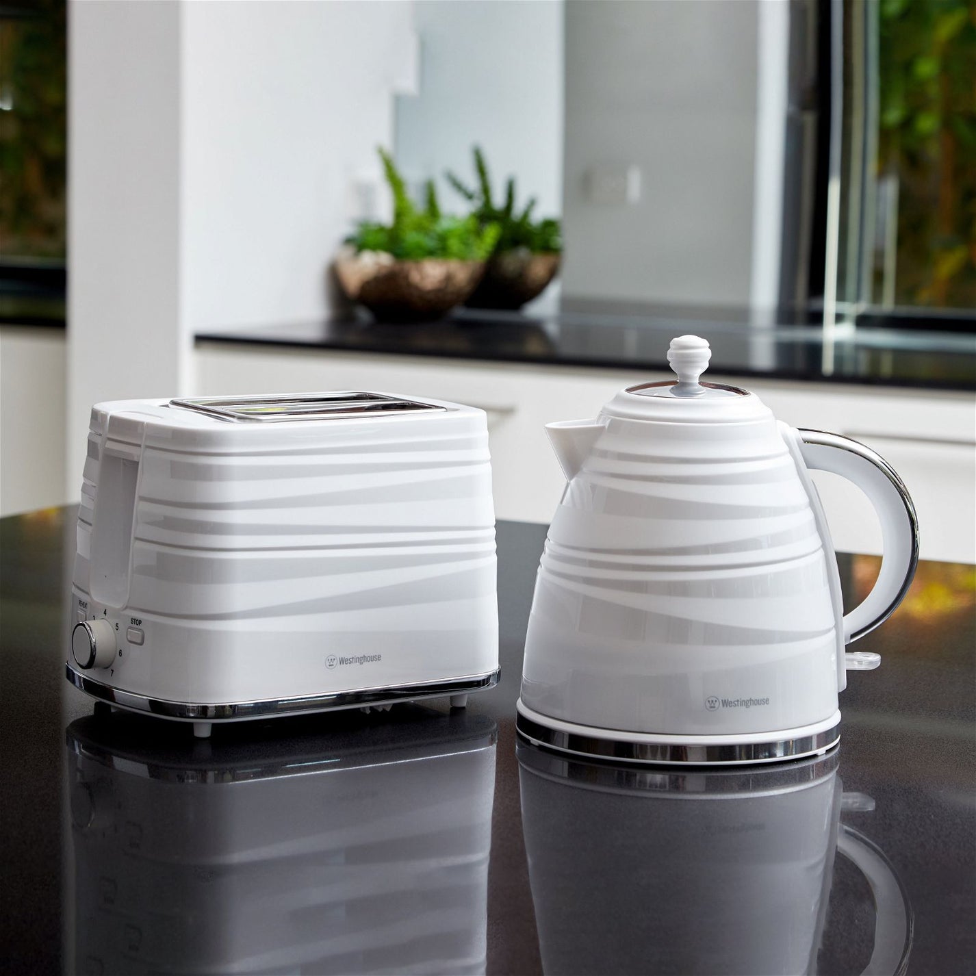 Westinghouse Kettle and Toaster Pack White Striped 1.7L Kettle, 2 Slic ...